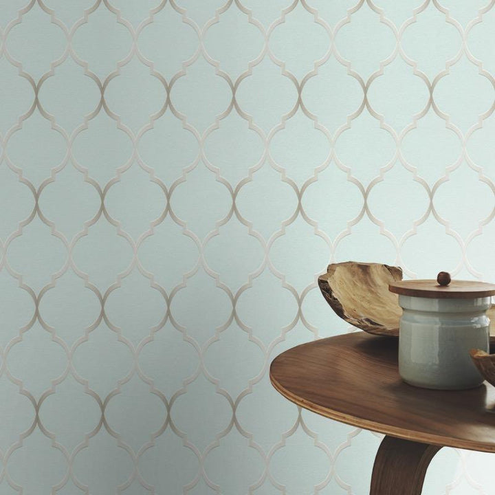 An elegant 'ribbon trellis' effect in duck egg. Fabulous, non-woven ...